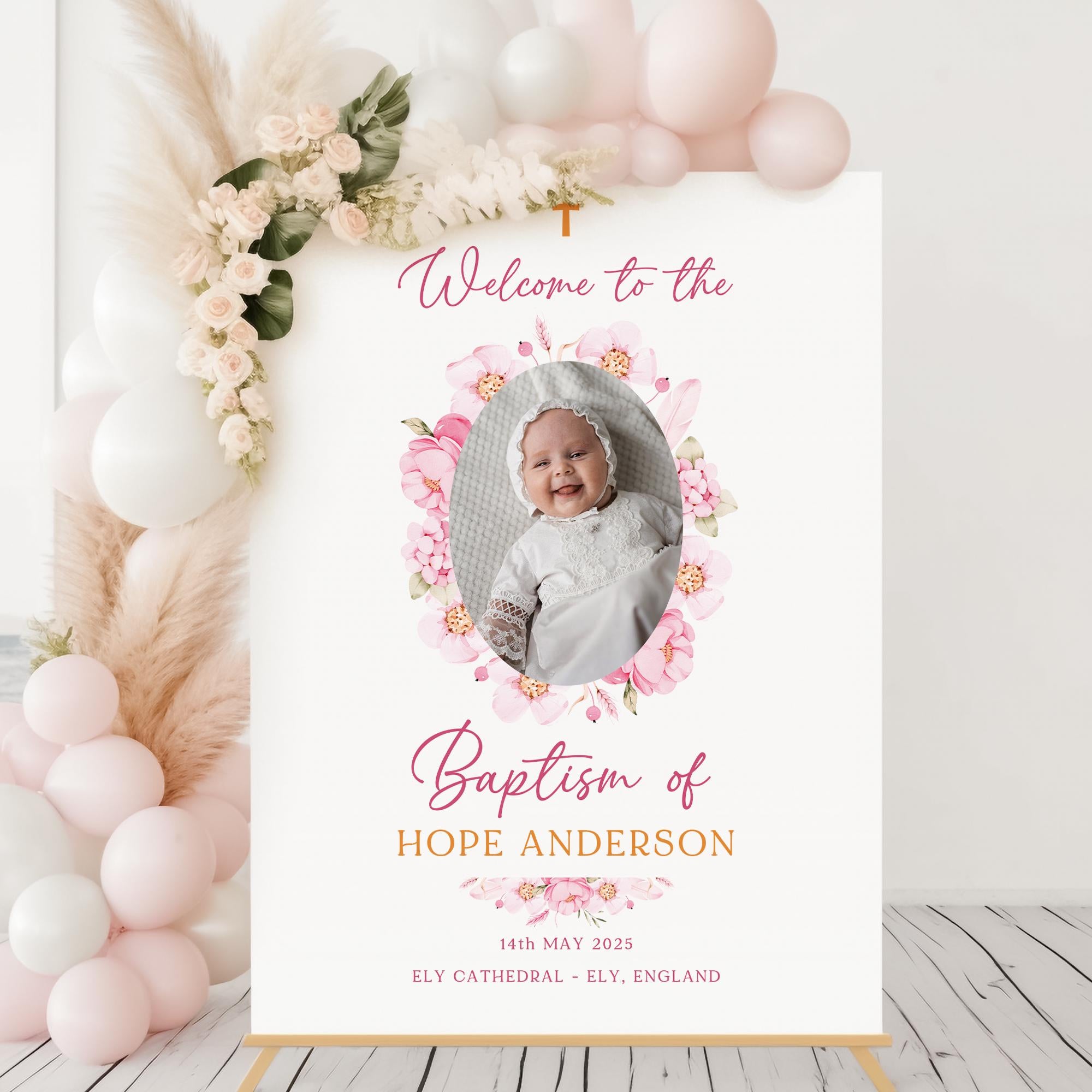 Pink Baptism Welcome Sign with Photo Christening Welcome Sign Daughter ...