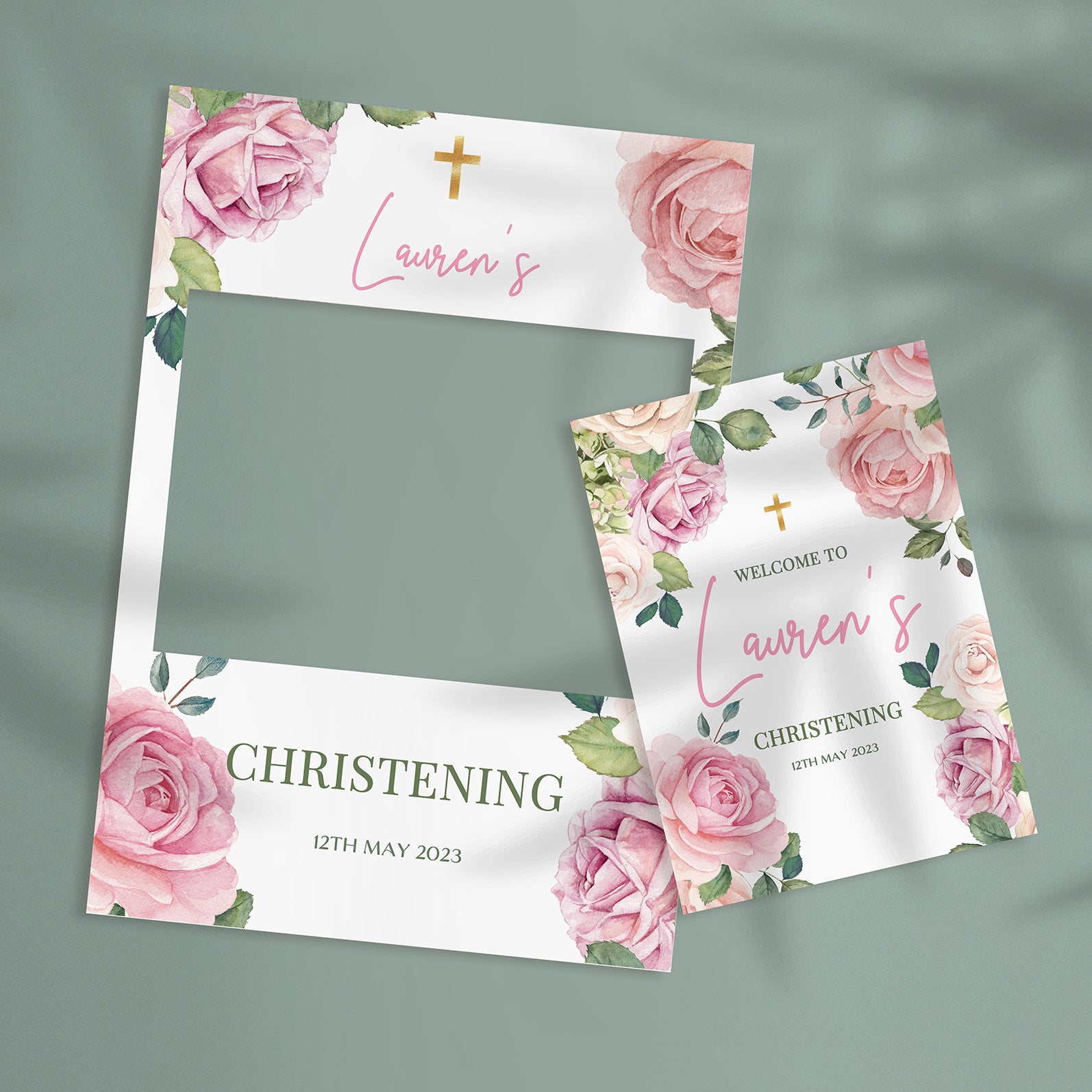 Pink Roses Christening Frame & Welcome Sign – Smart Party Shop