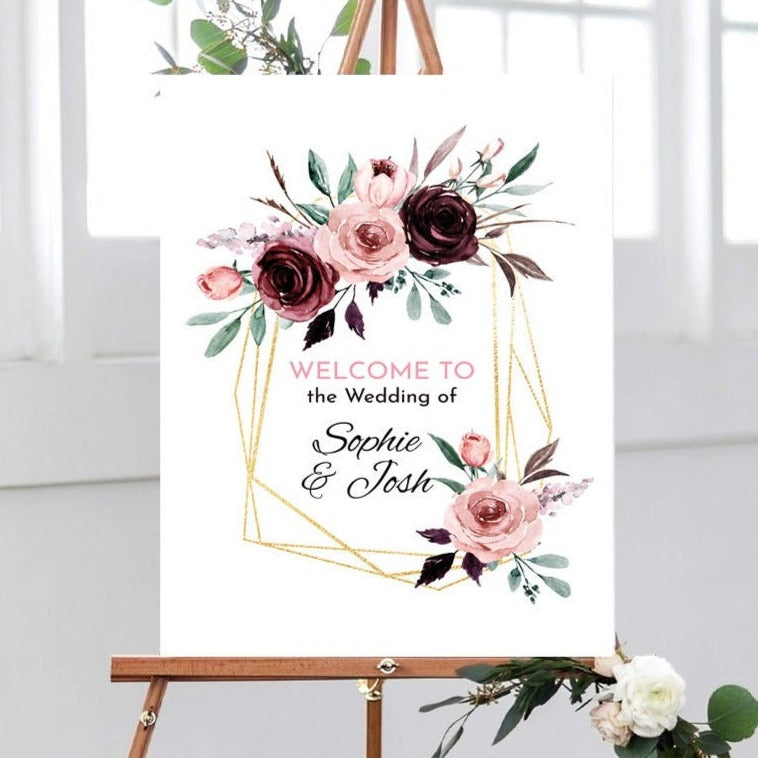 Burgundy Gold Frame Welcome Wedding Sign – Smart Party Shop