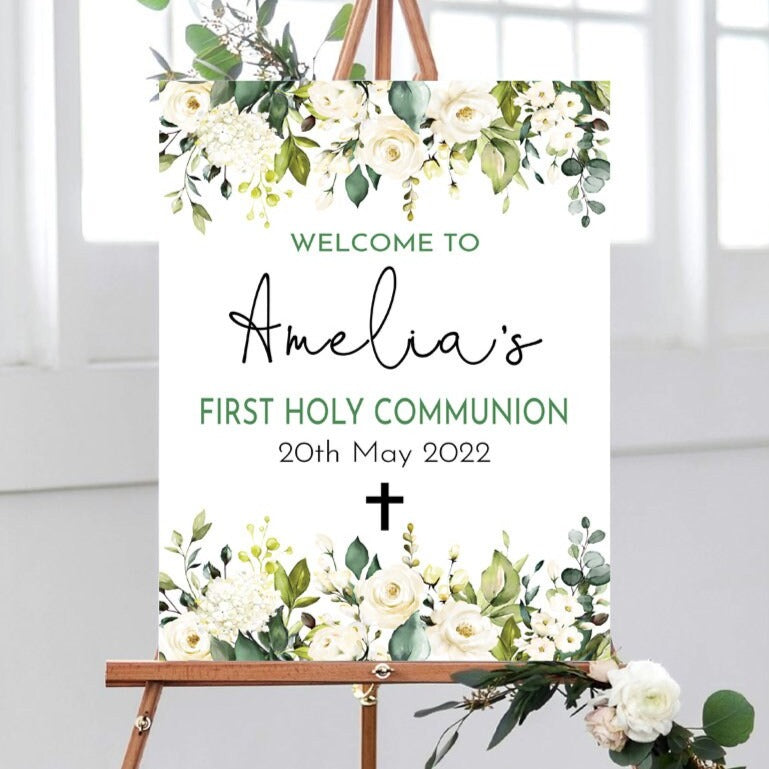 White Rose First Holy Communion Welcome Sign – Smart Party Shop