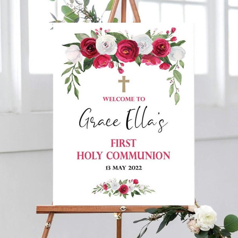 First Holy Communion Welcome Sign Pink Roses – Smart Party Shop