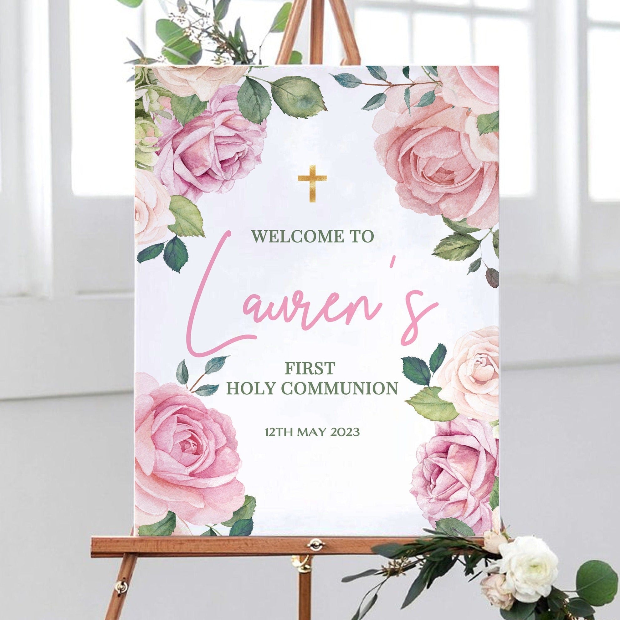 Pink Roses First Holy Communion Welcome Sign – Smart Party Shop