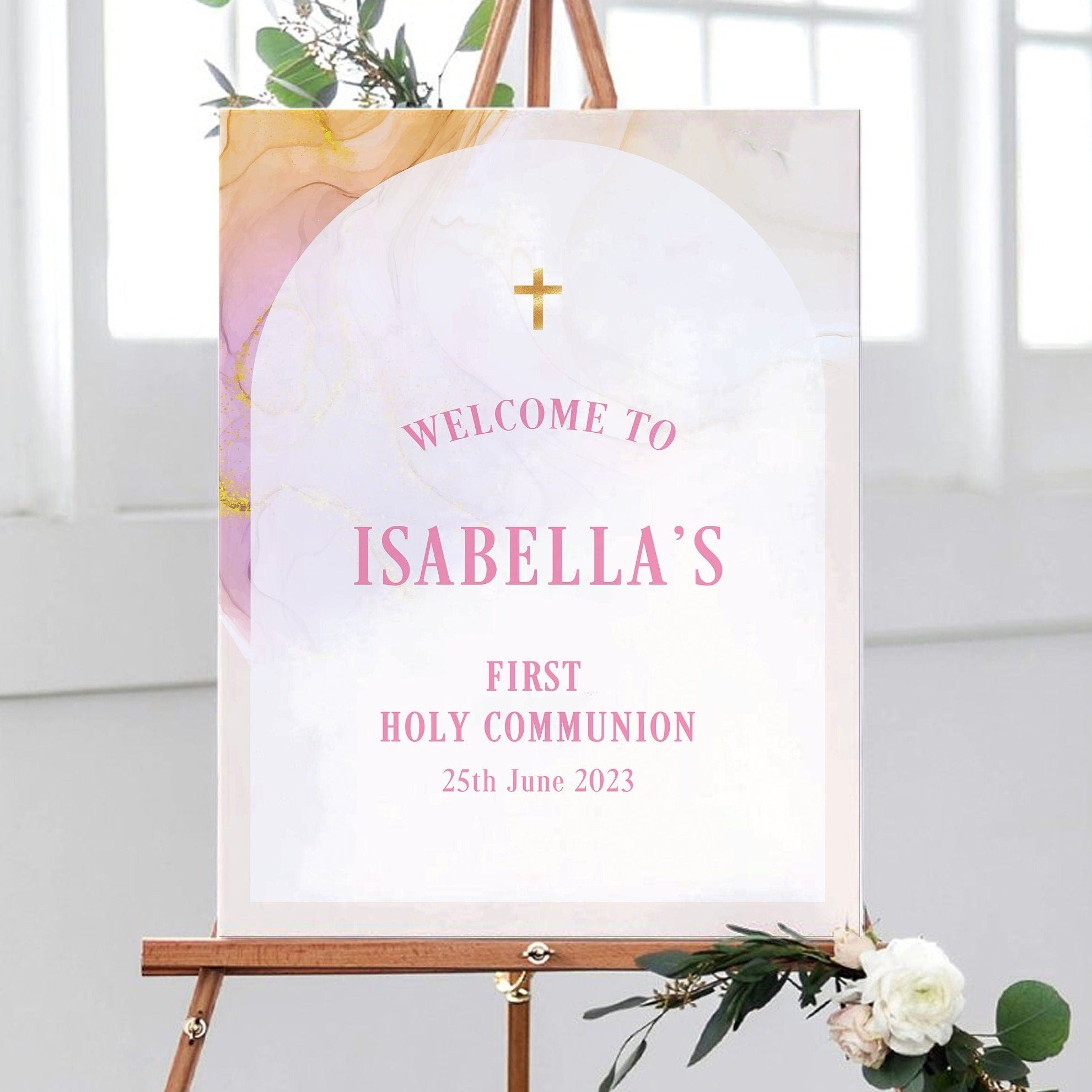 Pink and Gold Marble 1st Holy Communion Welcome Sign – Smart Party Shop