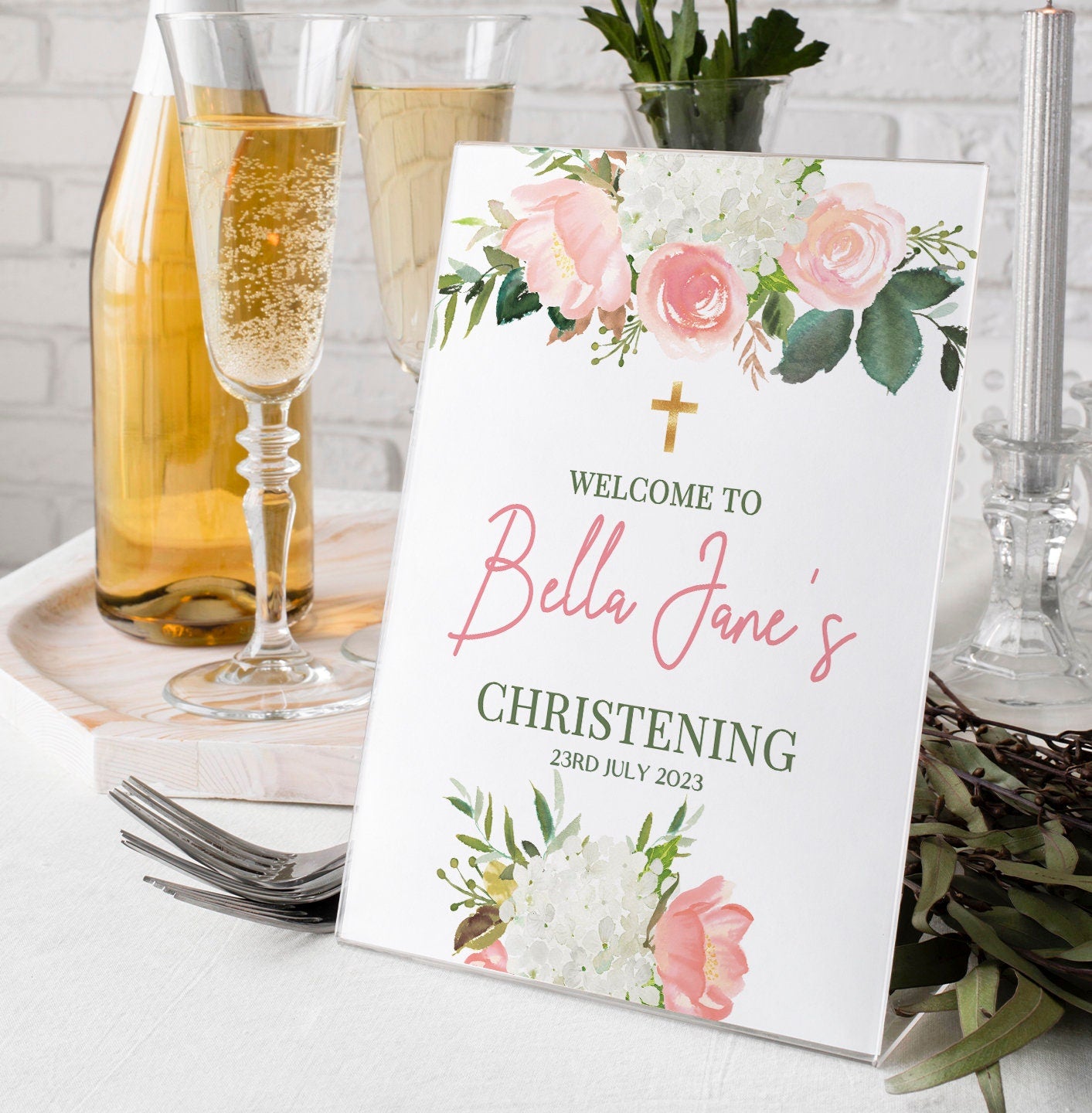 Peach Floral Christening Frame & Welcome Sign – Smart Party Shop