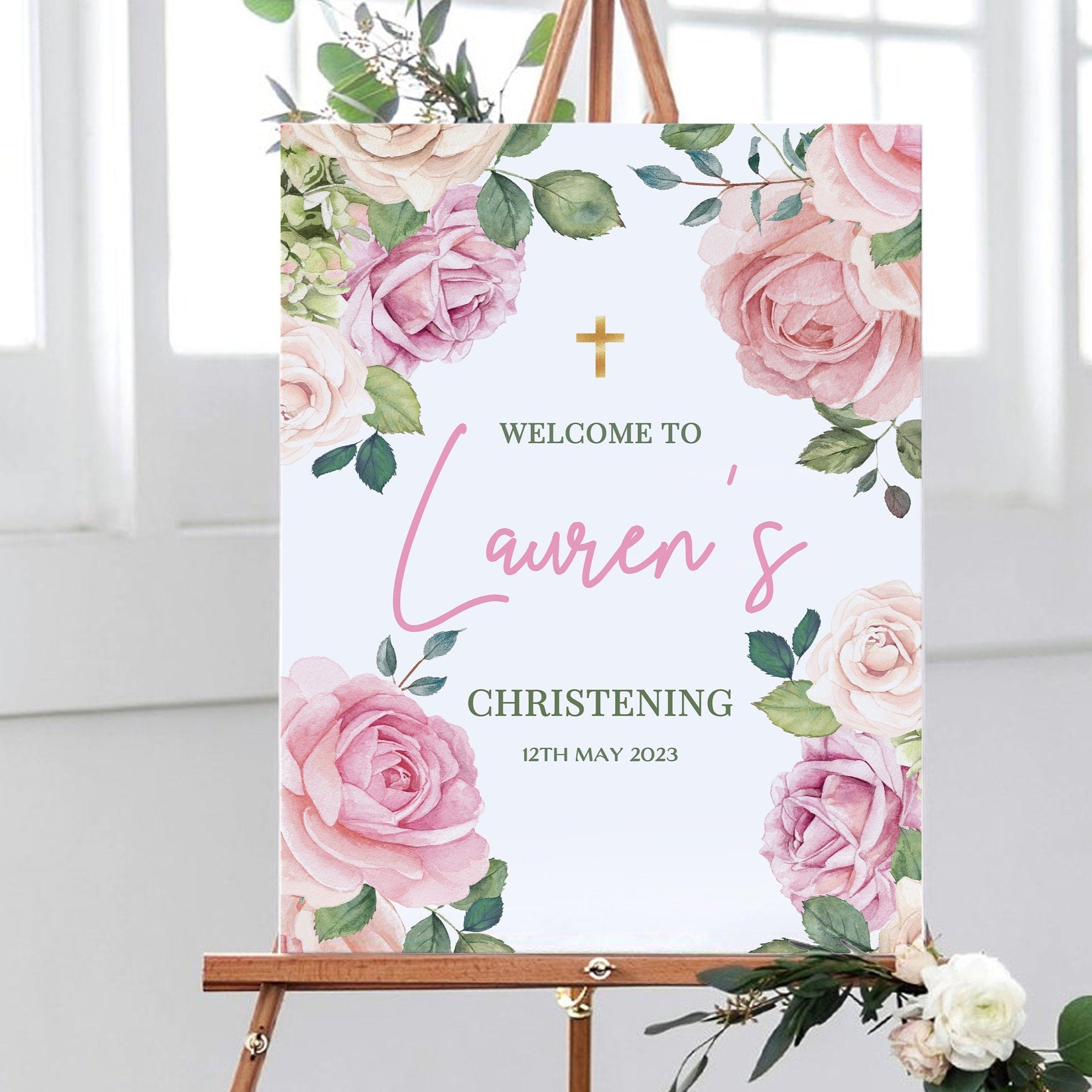 Pink Rose Christening Welcome Sign – Smart Party Shop
