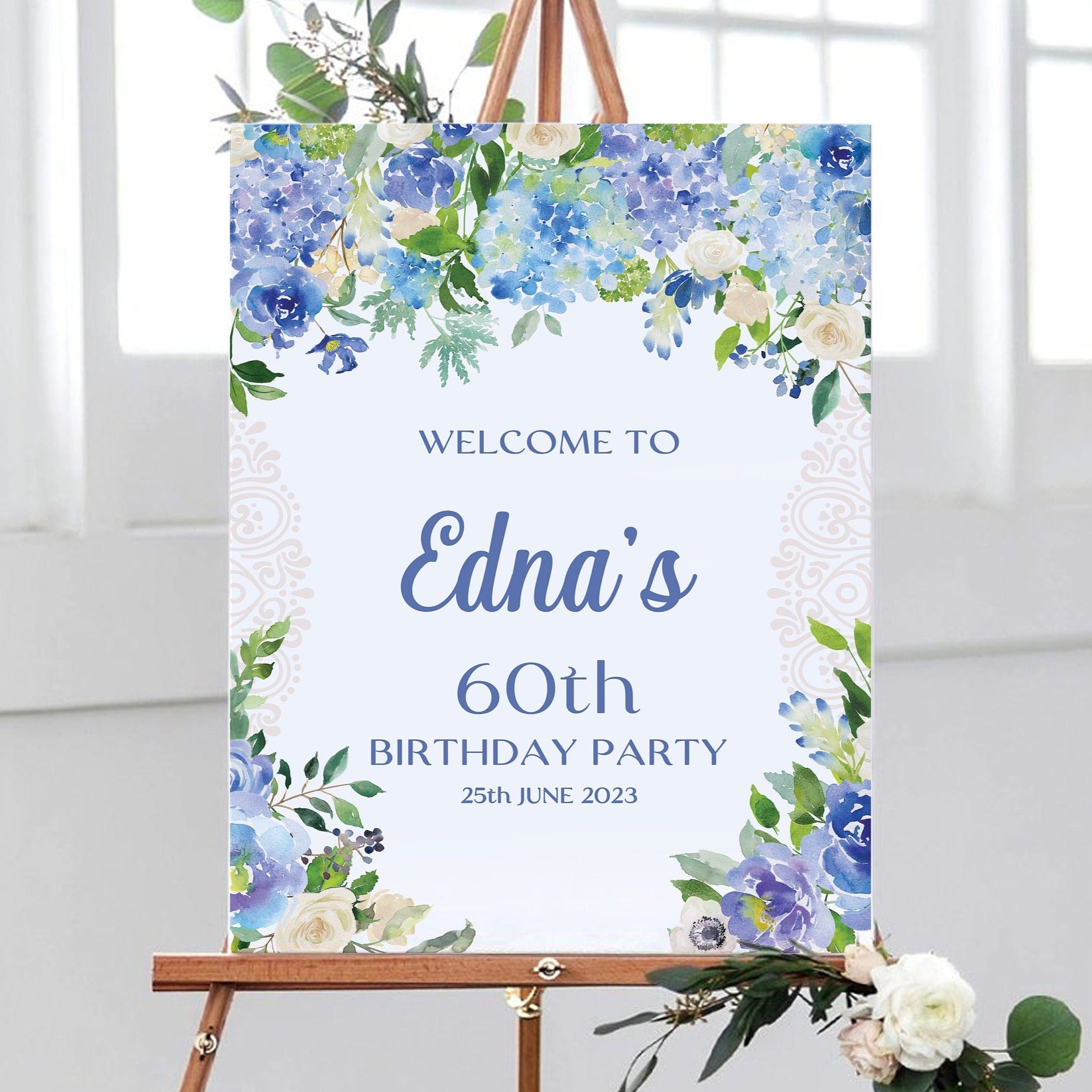 Blue Floral 60th Birthday Party Sign – Smart Party Shop
