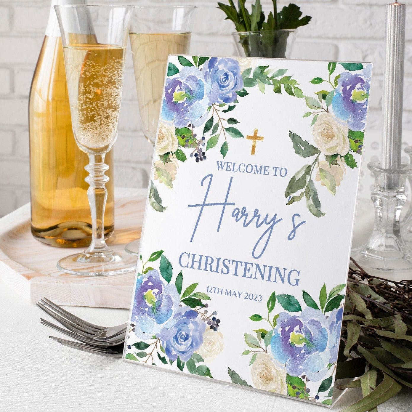 Blue Roses Christening Selfie Frame & Welcome Sign – Smart Party Shop