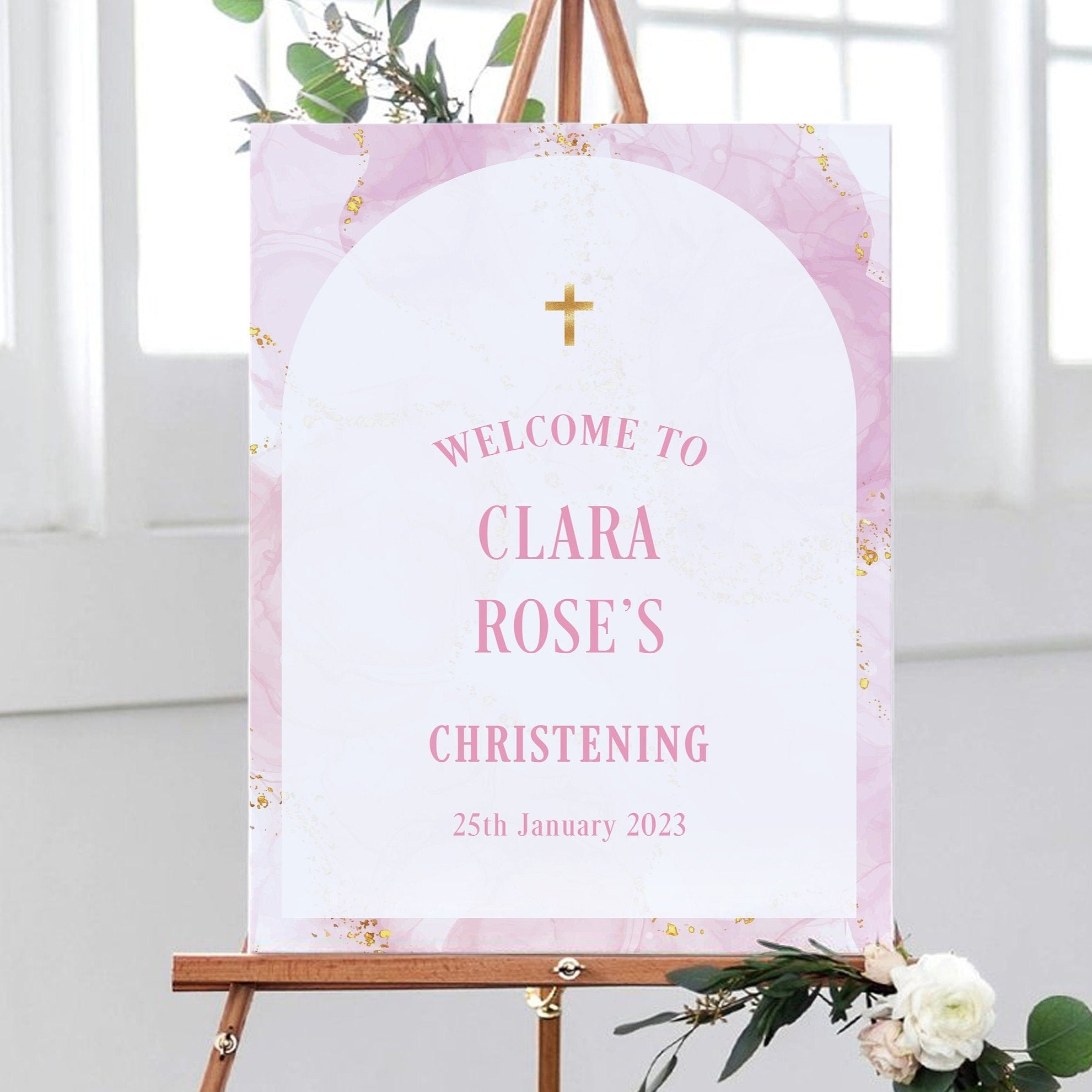 Pink and Gold Marble Effect Christening Party Sign – Smart Party Shop