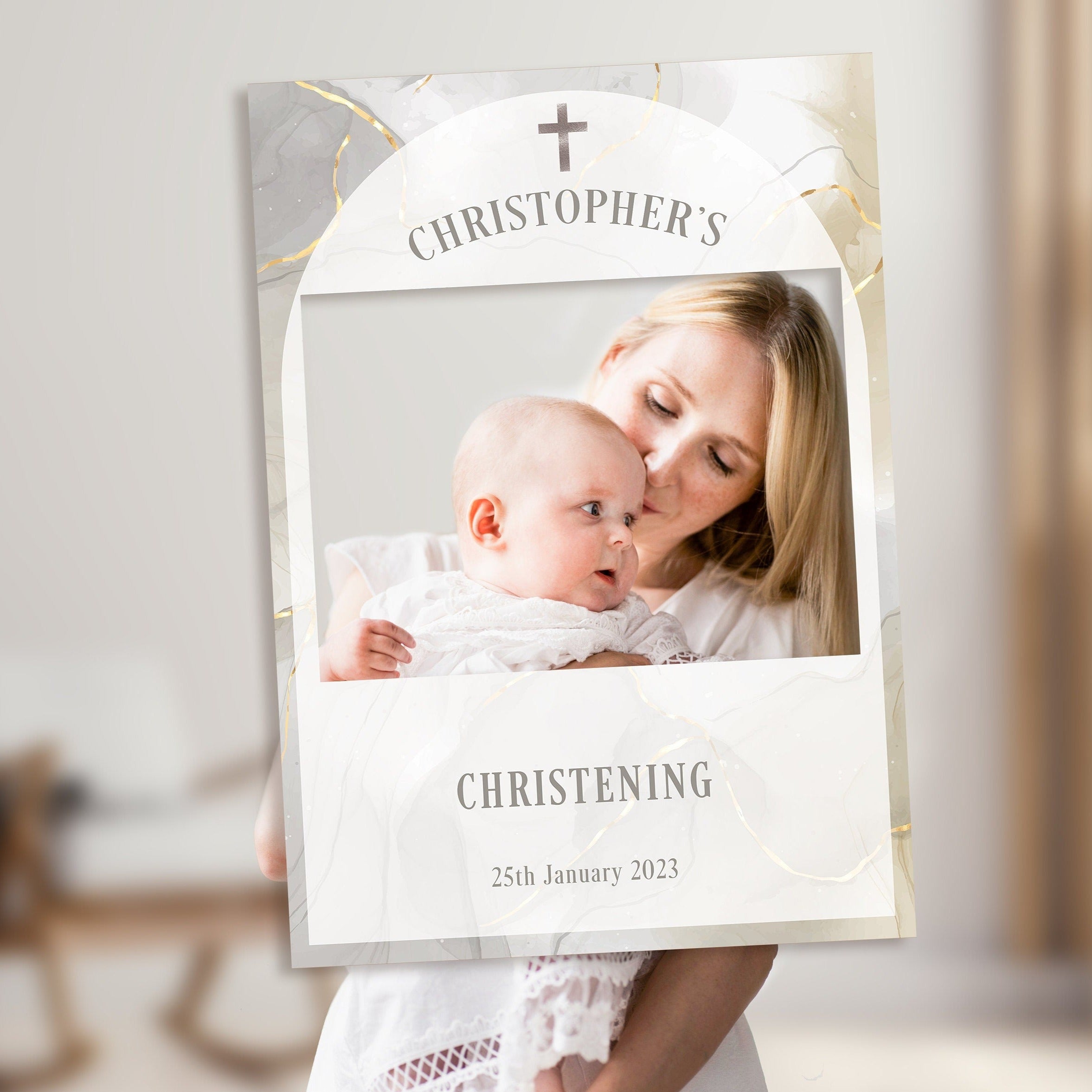 Grey and Gold Christening Selfie Frame & Christening Welcome Sign ...